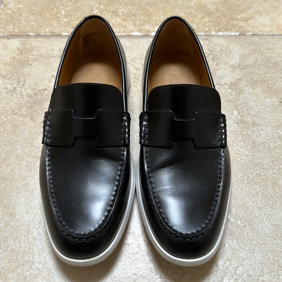Hermes | Shoes | Hermes Black Mens Loafers H White Bottoms Size 85 Leather | Poshmark